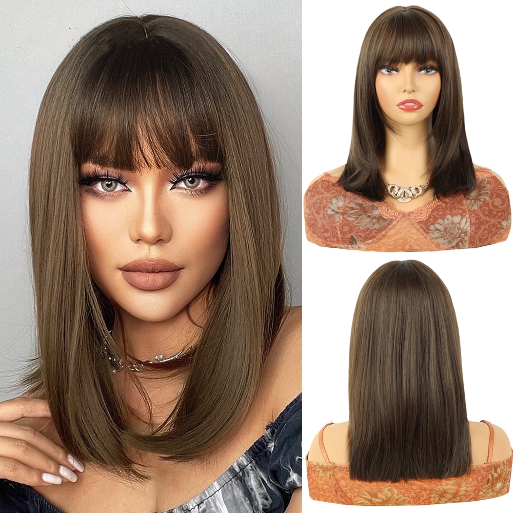 Phocas 14inch Short Brown Wig with Bangs Straight Bob Wigs for Women ...
