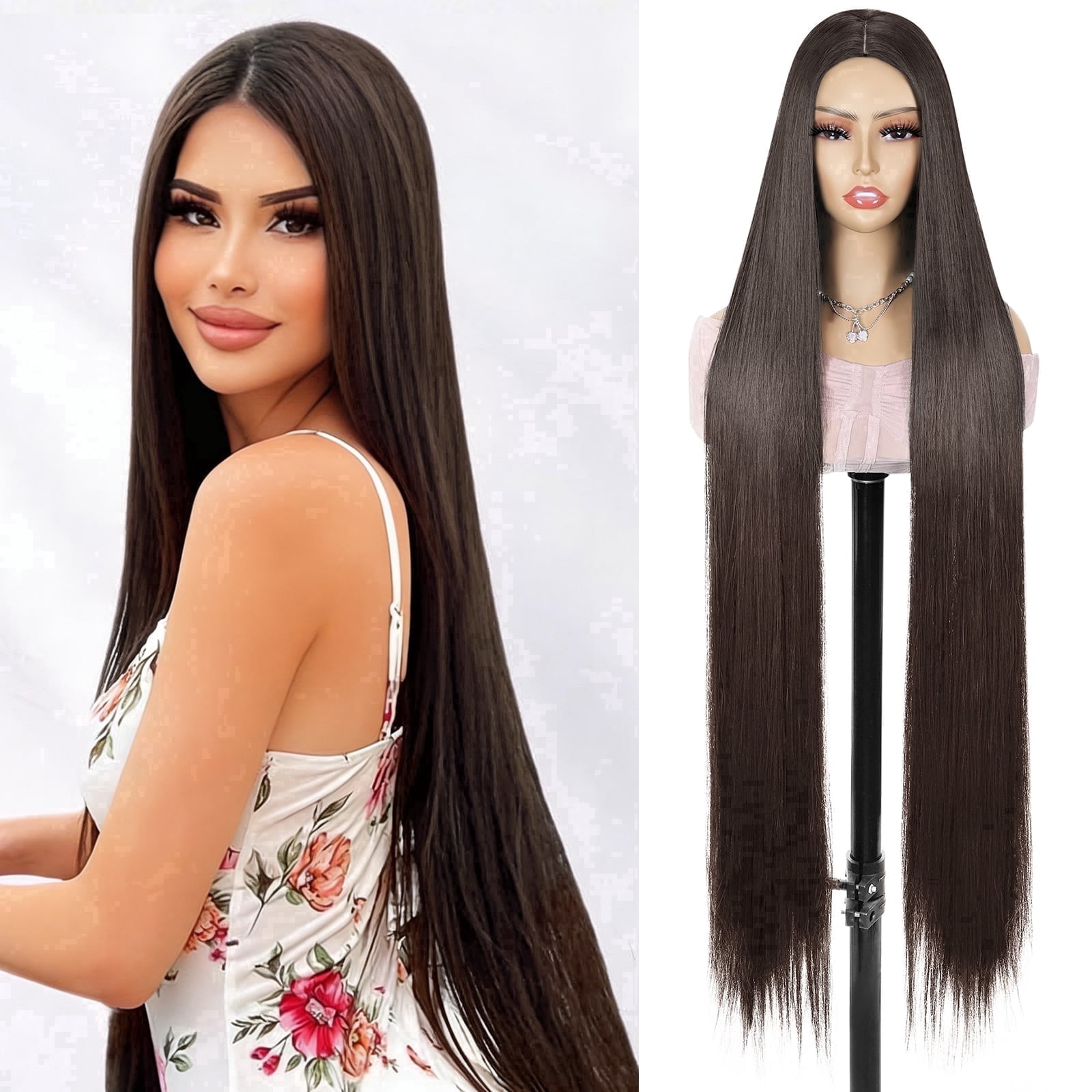 Phocas 42 Inch Brown Straight Wig No Bangs for Women Long Synthetic ...