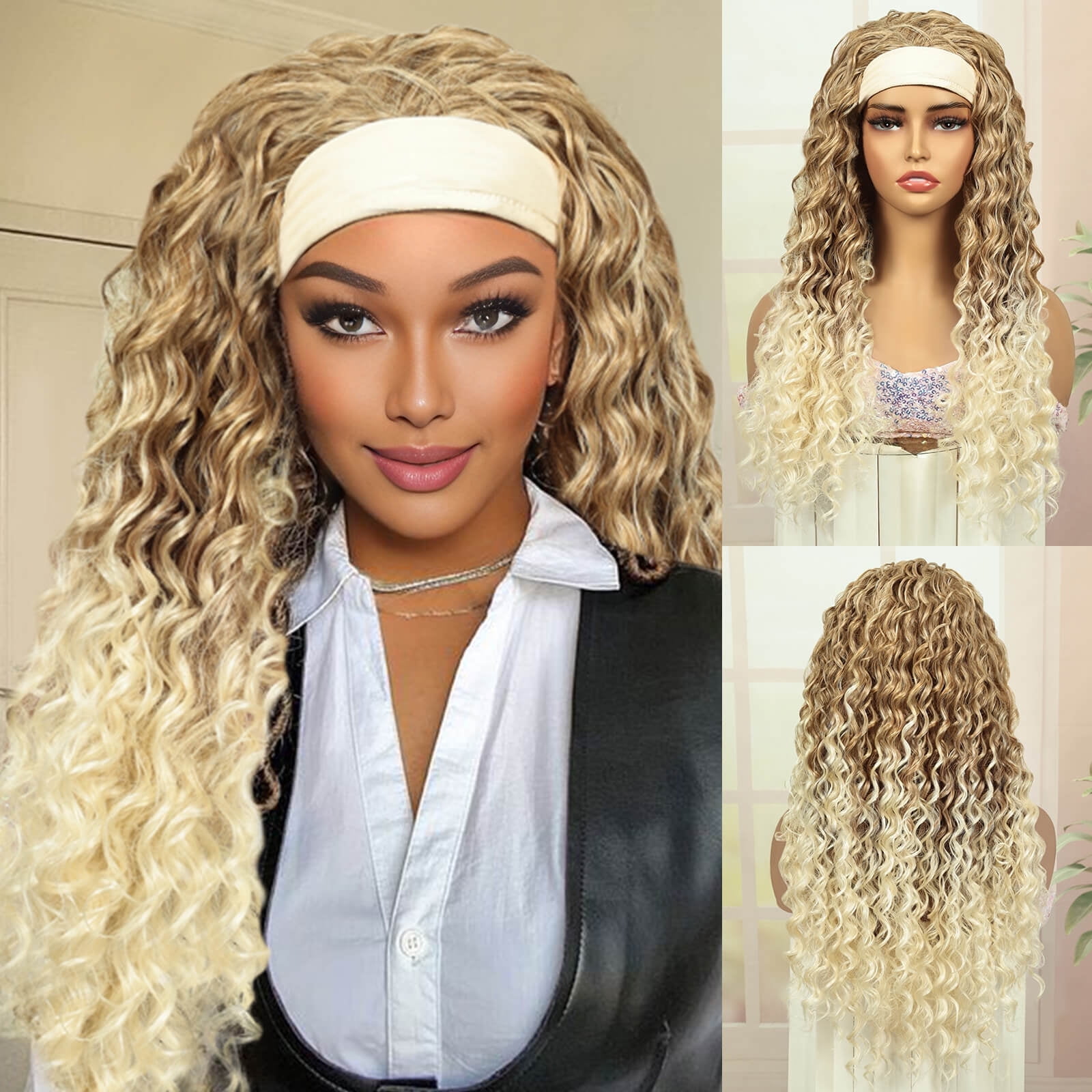 Phocas Brown Headband Wig Long Curly Wigs for Women Brown Mixed Blonde ...