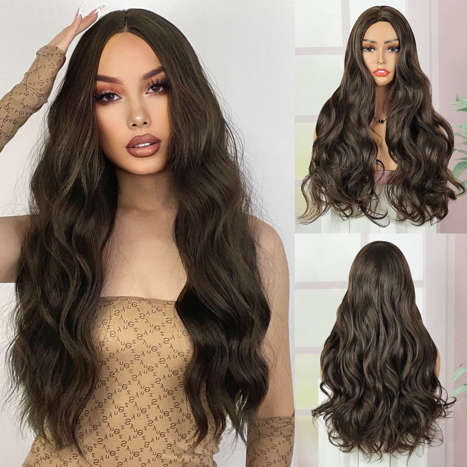 Phocas Brown Wavy Long Wigs for Women Synthetic Looking Natural Wig for ...