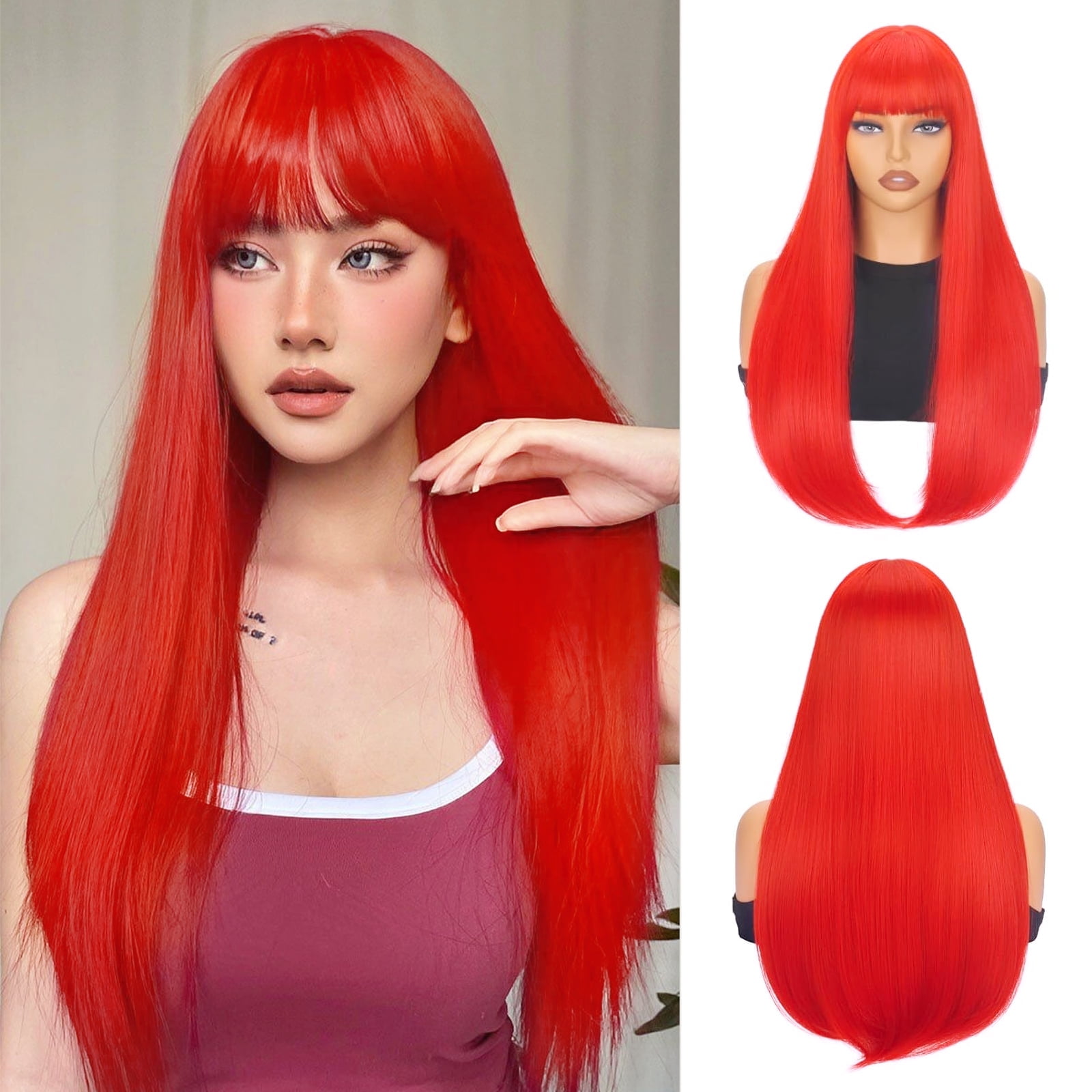 Phocas Long Hair Red Wigs for Women，Glueless Synthetic Wig with Bangs ...