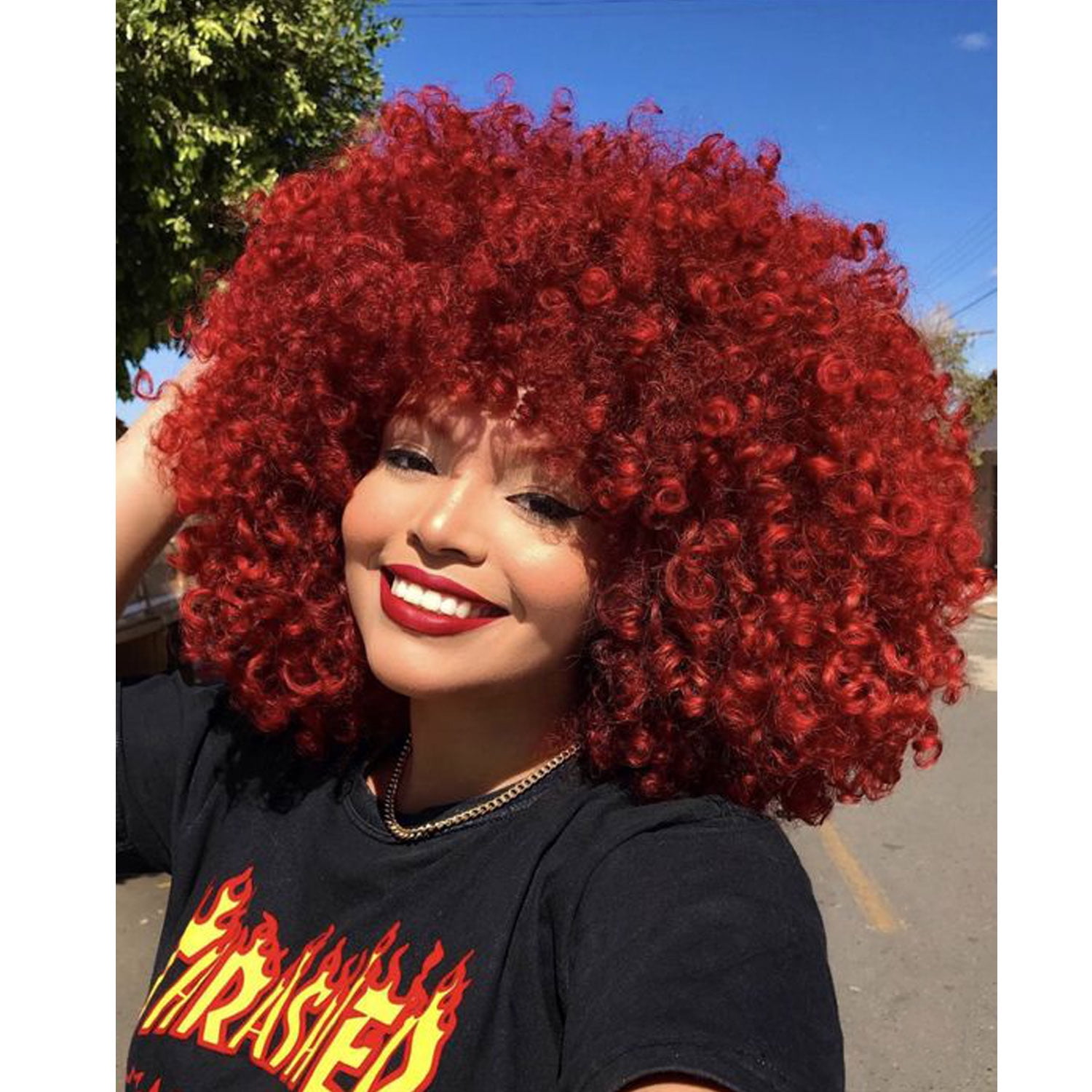 Phocas Red Wigs for Women Curly Wigs with Bangs Fluffy Kinky Curly Wig ...