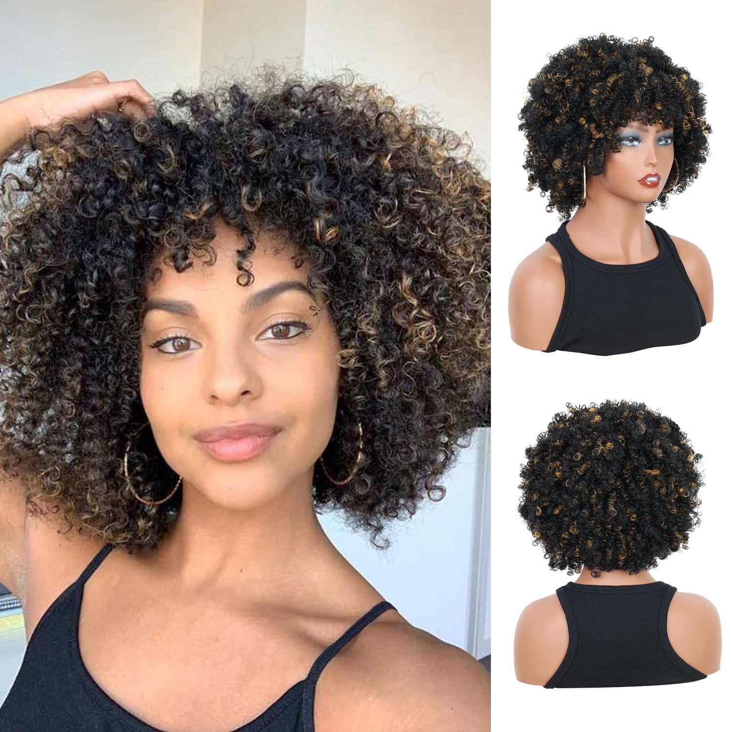 Phocas Short Black Wigs for Black Women Curly Wig Mix Blonde Short Wigs ...