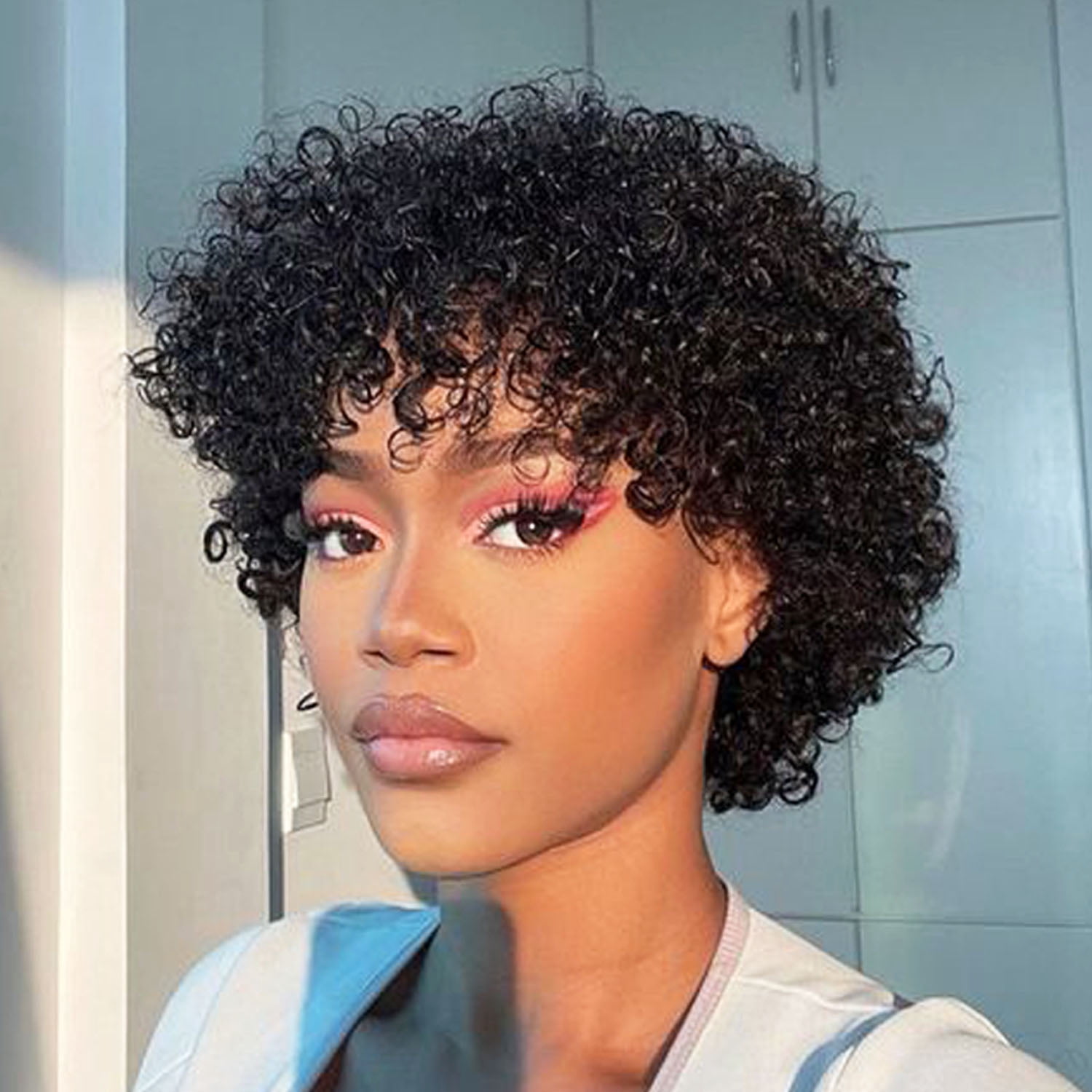 Phocas Short Black Wigs for Black Women Curly Wig with Bangs Cosplay ...