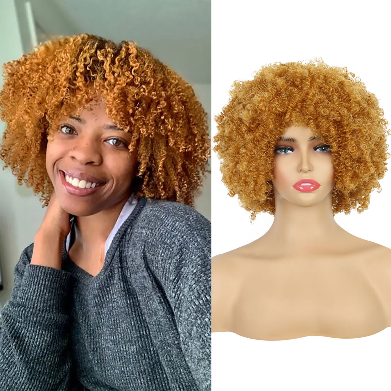 PHOCAS Short Brown Curly Wig for Black Women, 10 Inch Fluffy Cosplay ...