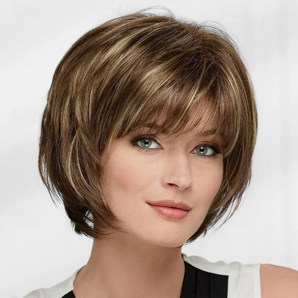 PHOCAS Heat Resistant Natural Short Brown Wigs with Blonde Highlights ...