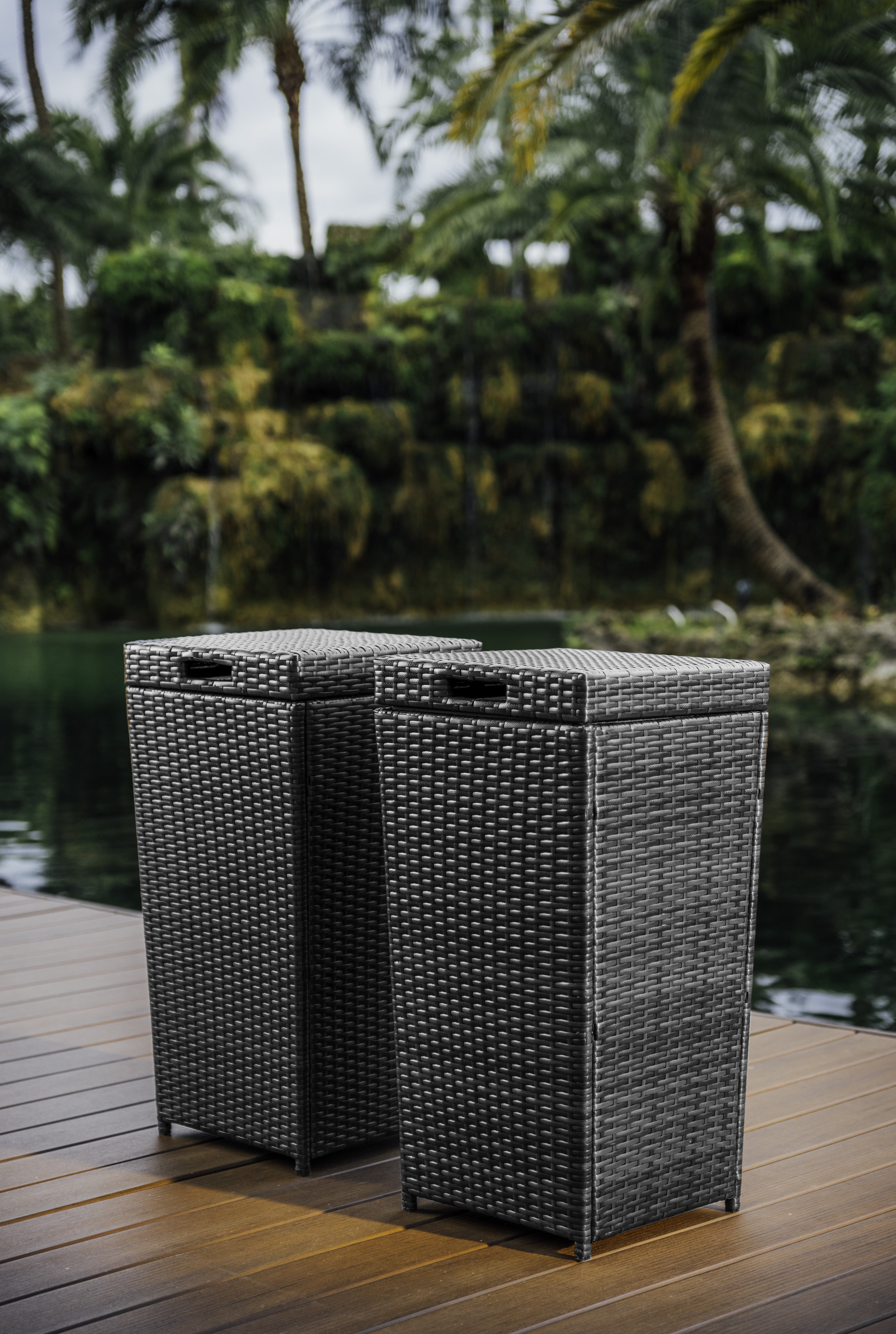 Phoenix 35 Gallon Outdoor Trash Can with Lid, Hideaway Wicker Rattan ...