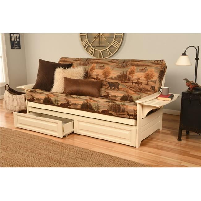 Phoenix Antique White Futon Frame with Canadian Mattress & Storage ...