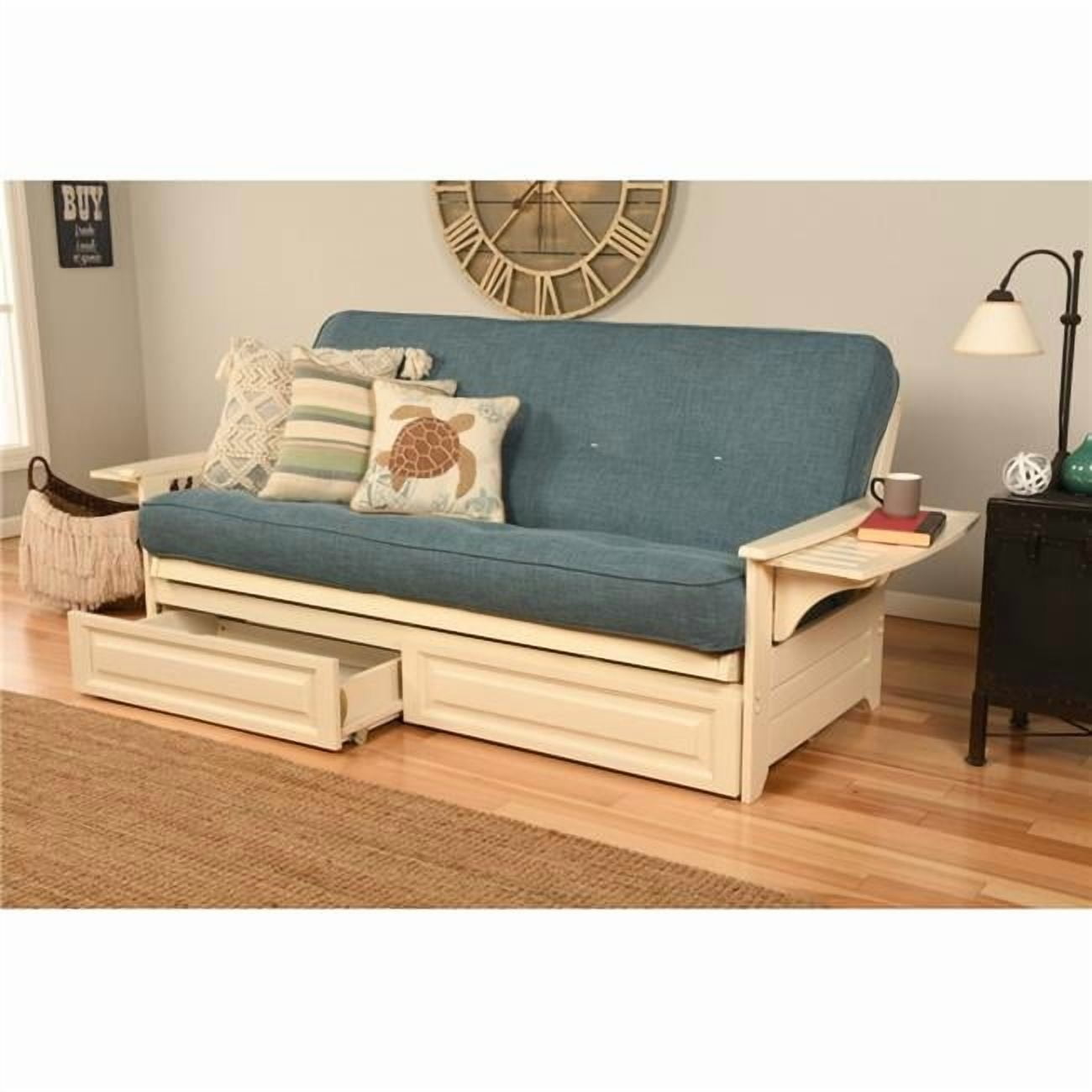 Phoenix Antique White Futon Frame with Linen Aqua Mattress & Storage ...