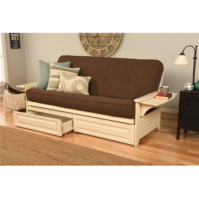 Phoenix Antique White Futon Frame with Linen Cocoa Mattress & Storage ...