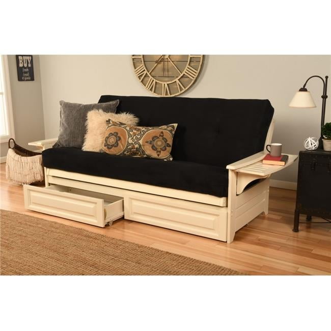 Phoenix Antique White Futon Frame with Suede Black Mattress & Storage ...