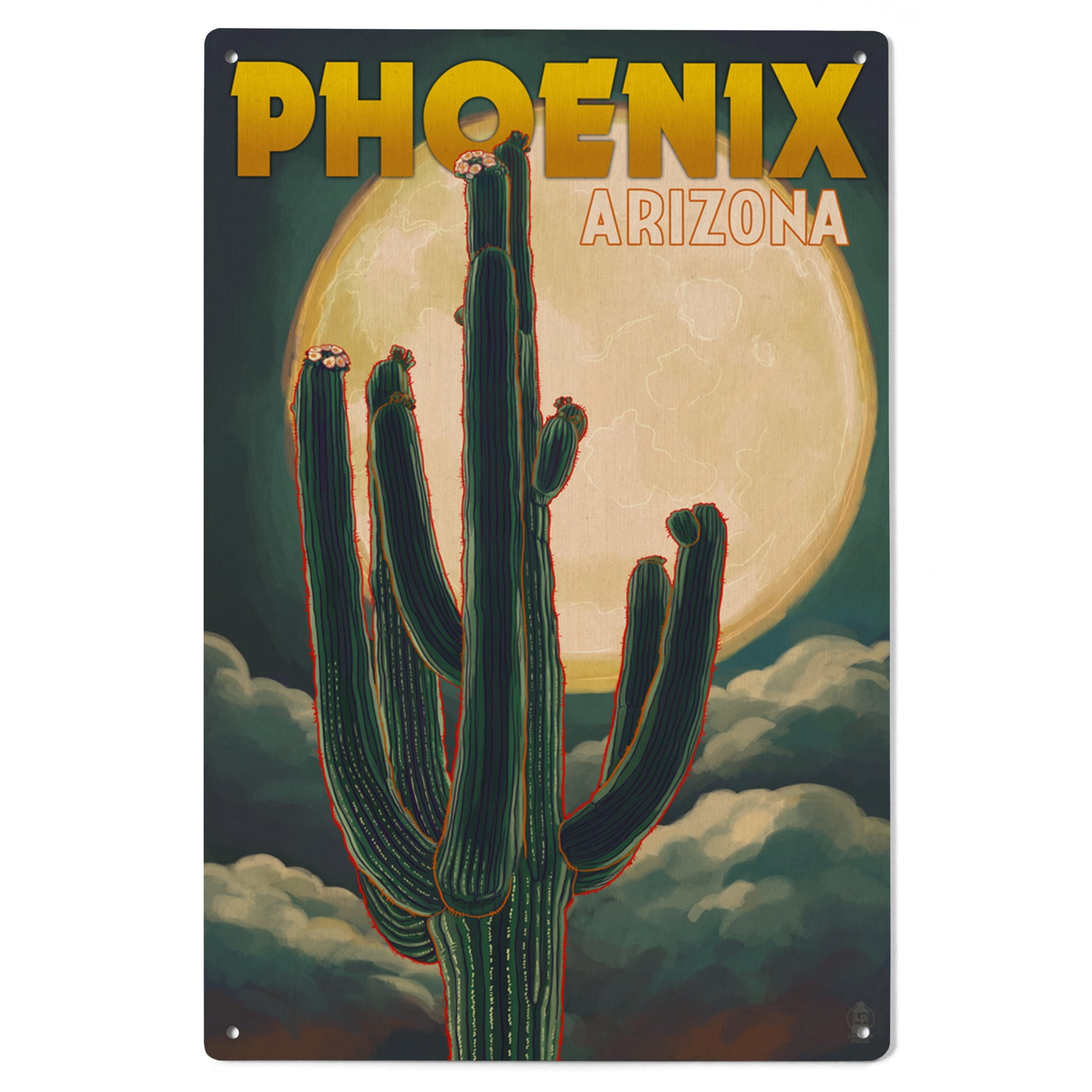 Phoenix, Arizona, Cactus and Full Moon Birch Wood Wall Sign (6x9 Rustic ...