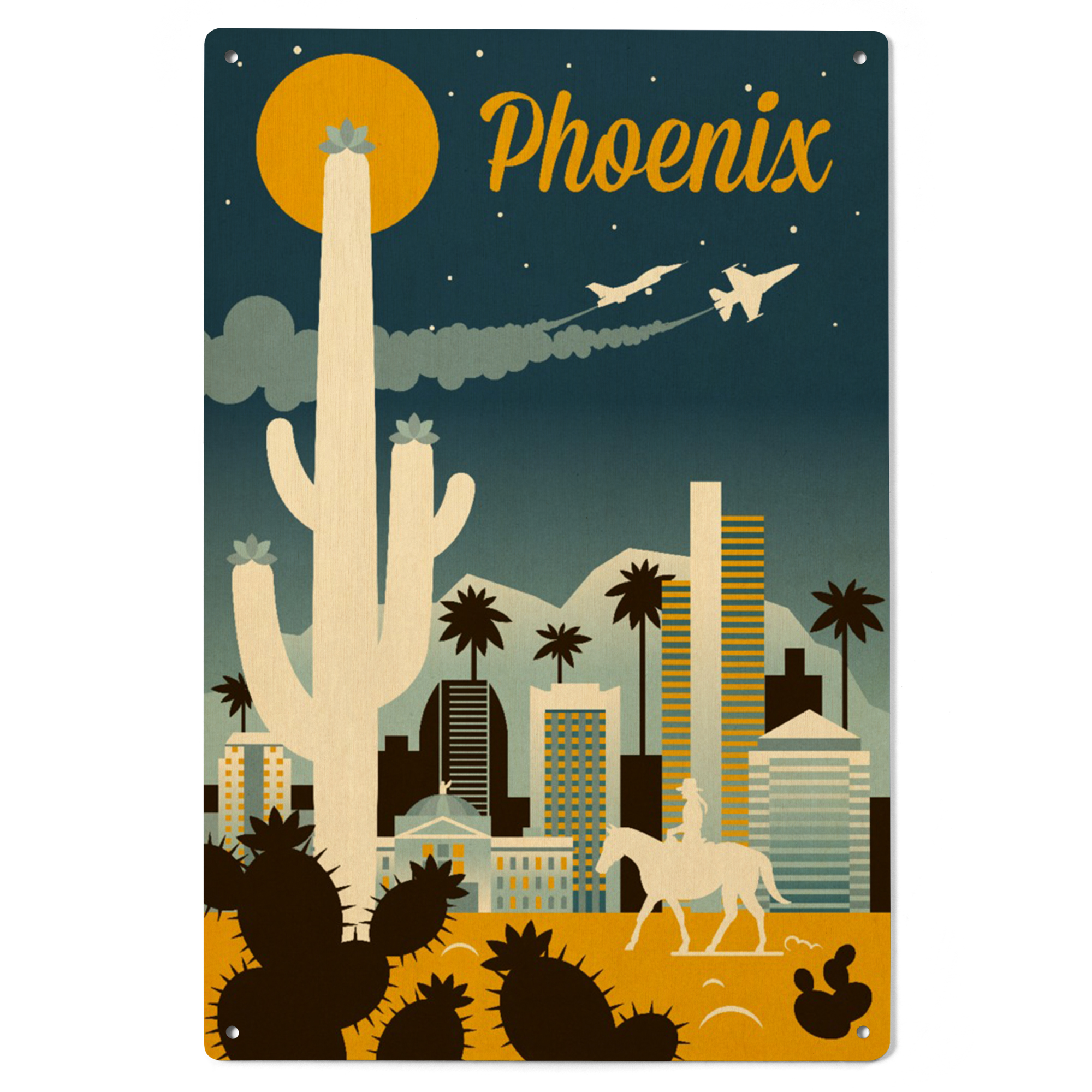 Phoenix, Arizona, Retro Skyline Series Birch Wood Wall Sign (6x9 Rustic ...