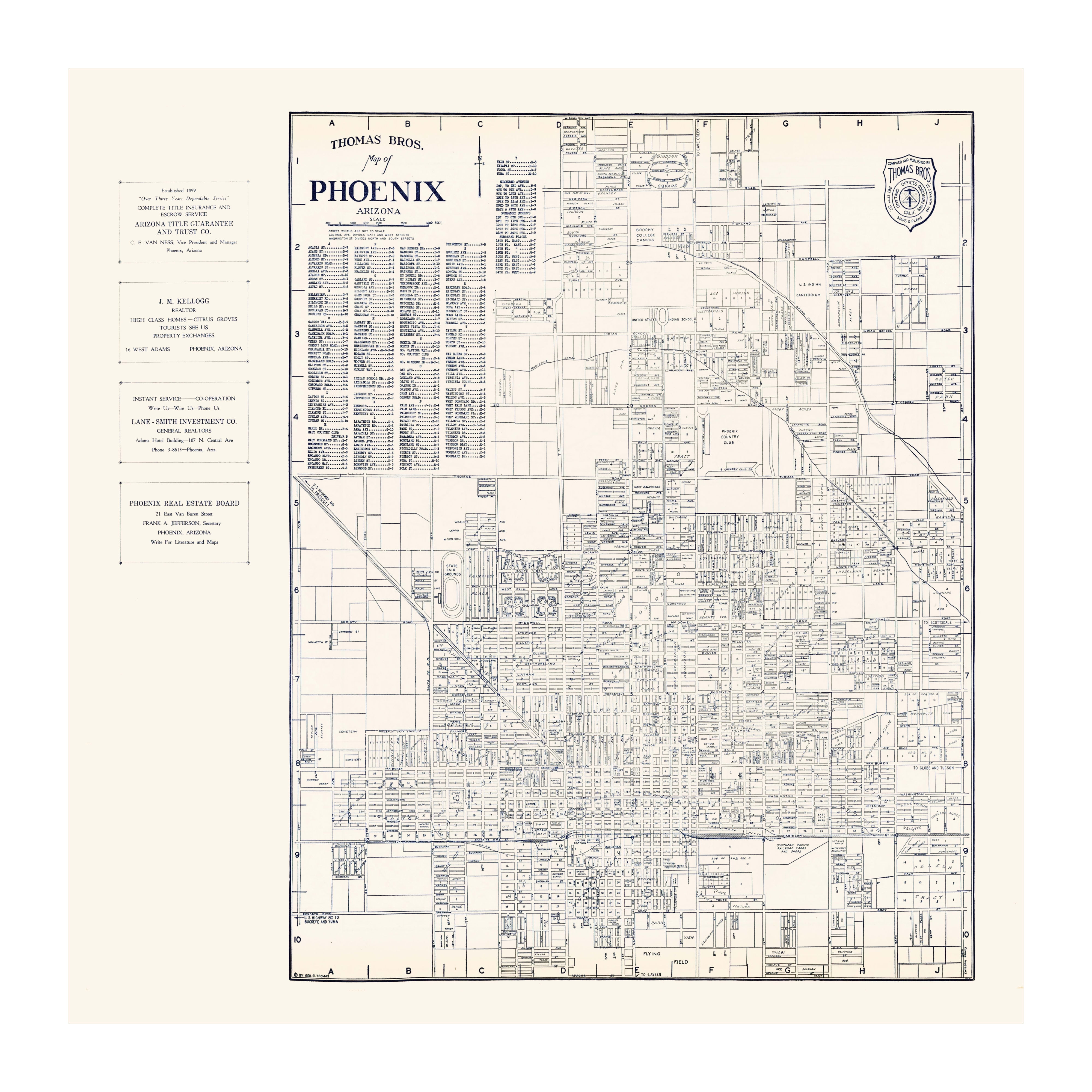 Phoenix Art, 1920 Vintage Map of Phoenix Arizona, AZ History Wall Decor ...