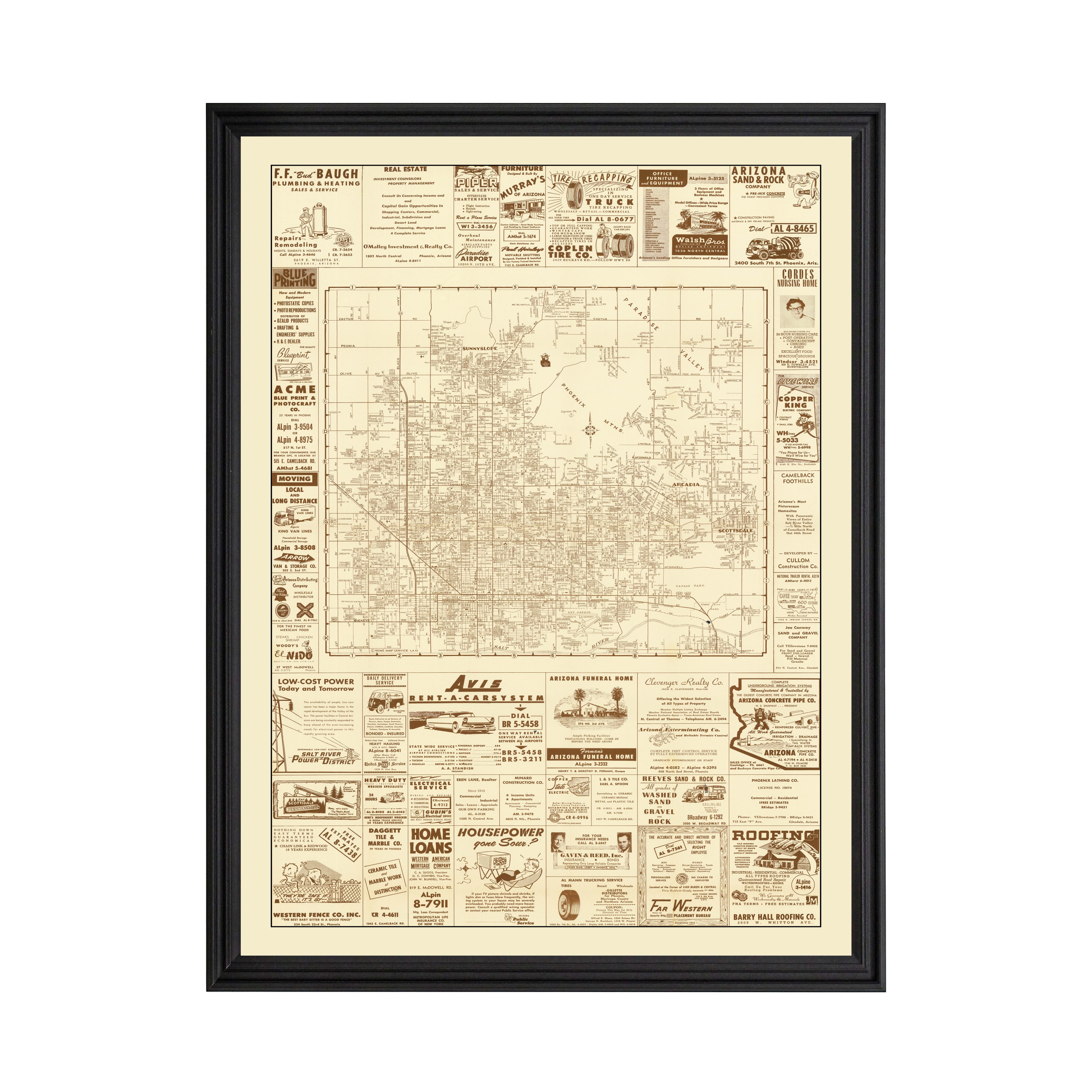 Phoenix Art, 1956 Vintage Map of Phoenix Arizona, AZ History Wall Decor ...