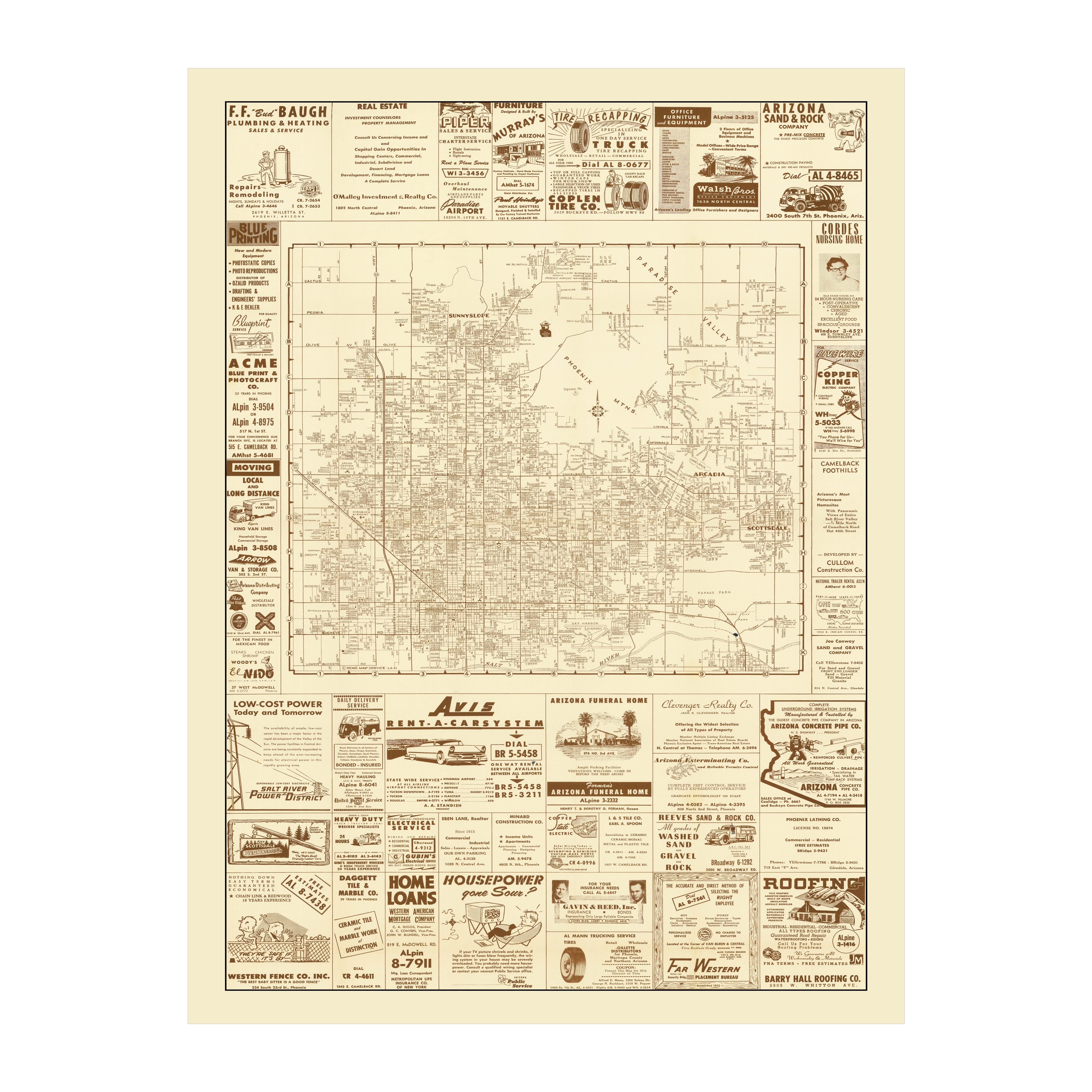 Phoenix Art, 1956 Vintage Map of Phoenix Arizona, AZ History Wall Decor ...