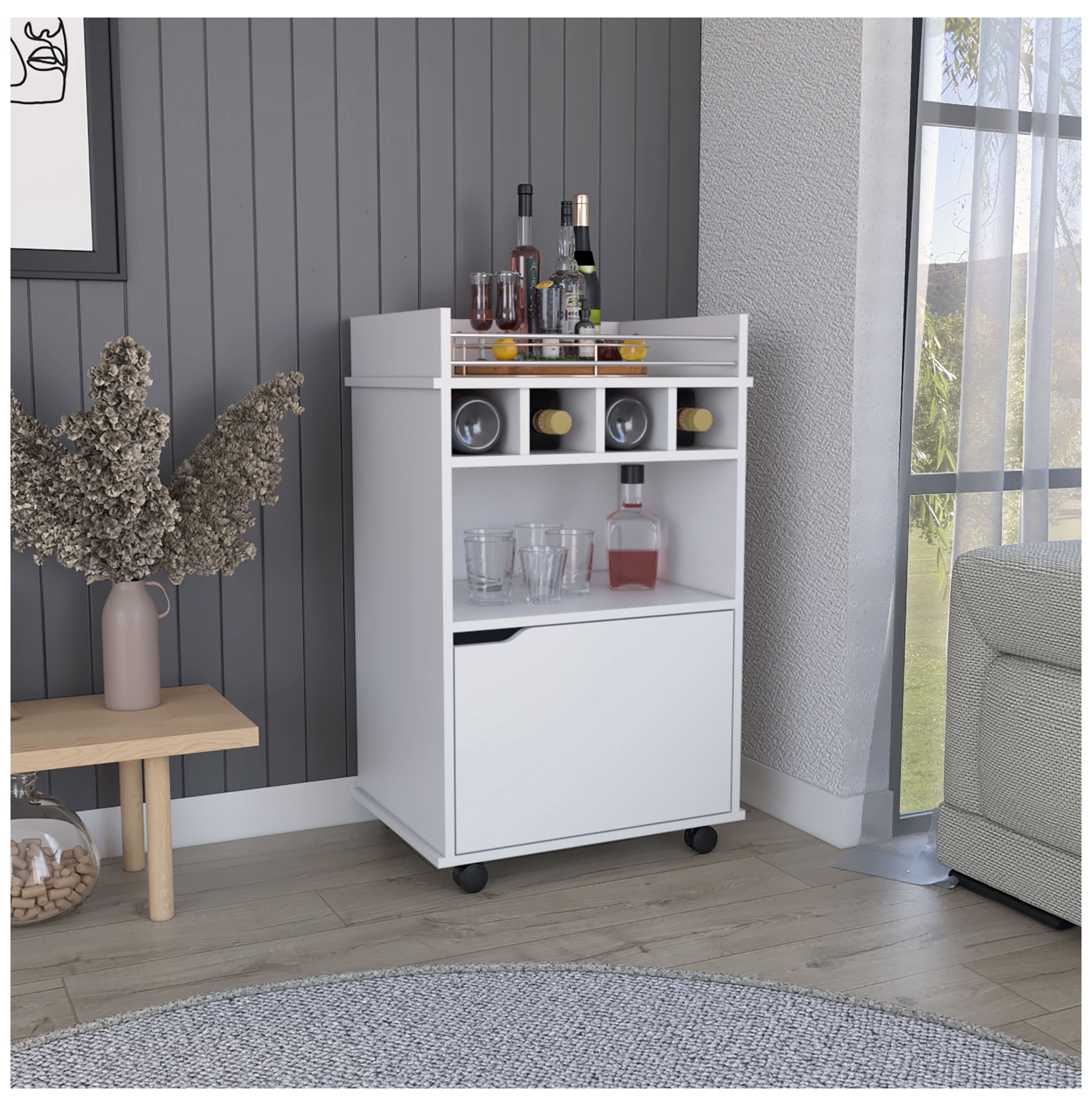Phoenix Bar Cart with 2 Open Shelves 4 Cubbies and Cabinet White ...