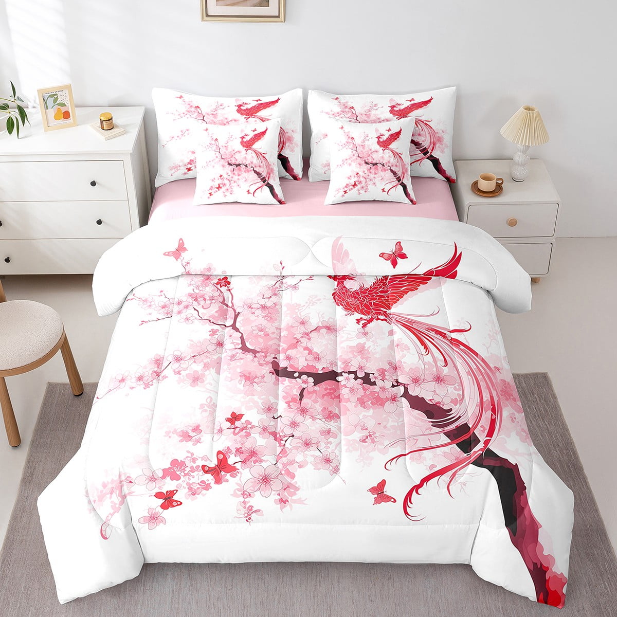 Phoenix Bed In A Bag 7 Pieces Cherry Blossom Queen Comforter Set,Pink ...