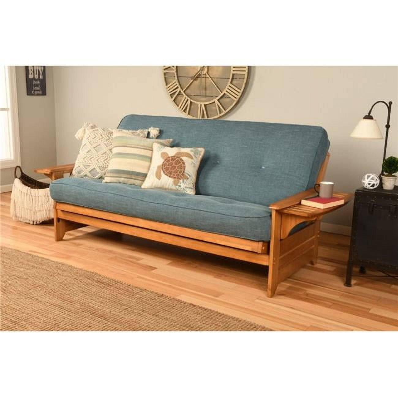 Phoenix Butternut Futon Frame with Linen Aqua Mattress - Full Size ...