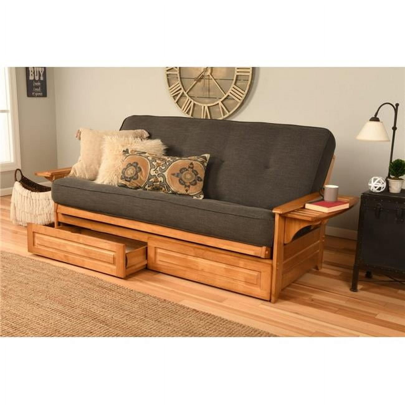 Phoenix Butternut Futon Frame with Linen Charcoal Mattress & Storage ...