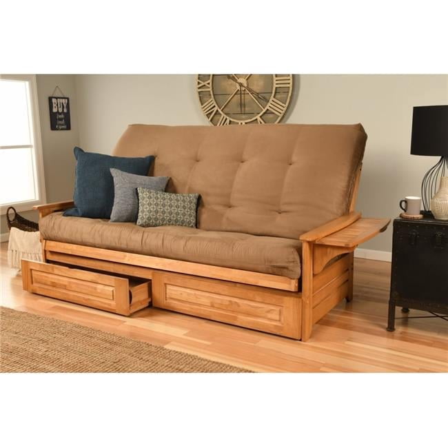 Phoenix Butternut Futon Frame with Suede Peat Mattress & Storage ...