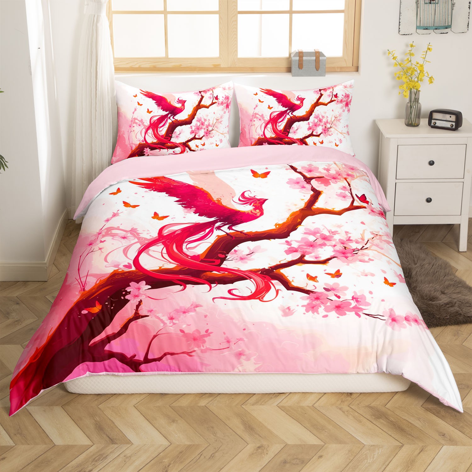 Phoenix Comforter Cover Pink Cherry Blossoms Bedding Set Dreamy Animal ...