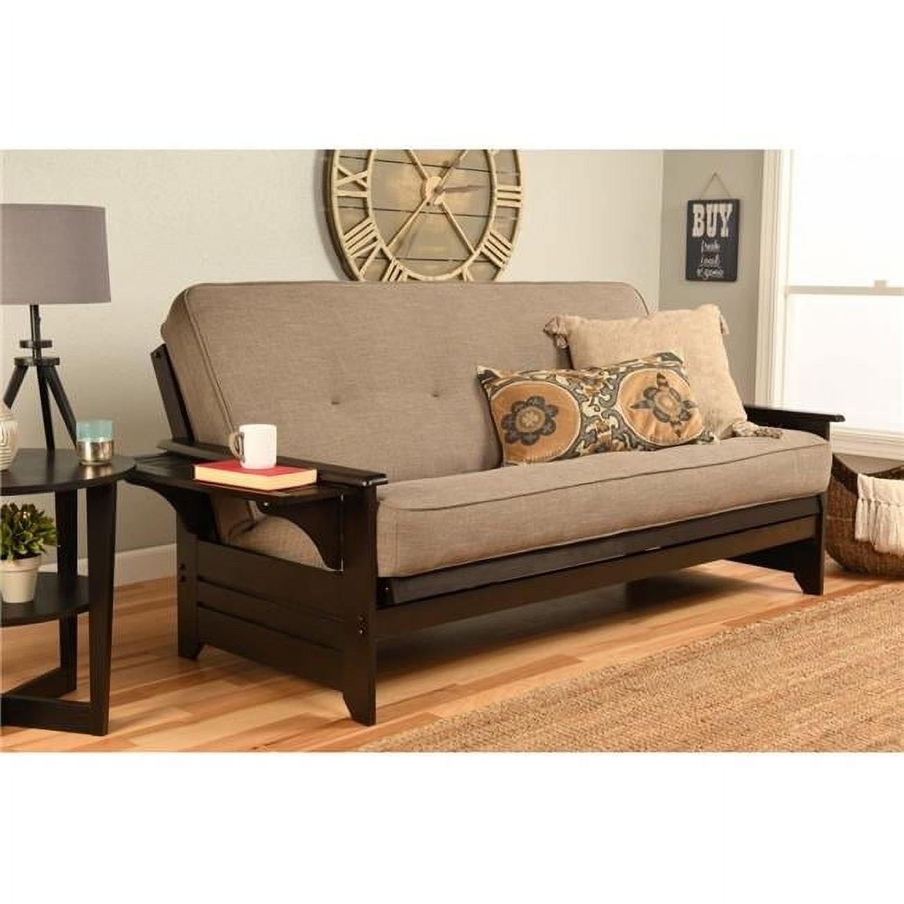 Phoenix Espresso Futon Frame with Linen Stone Mattress - Full Size ...