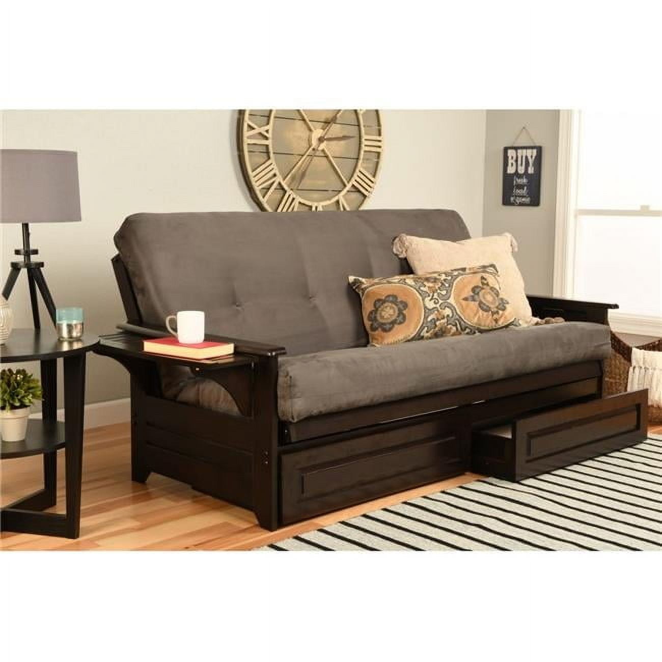 Phoenix Espresso Futon Frame with Suede Gray Mattress & Storage Drawers ...