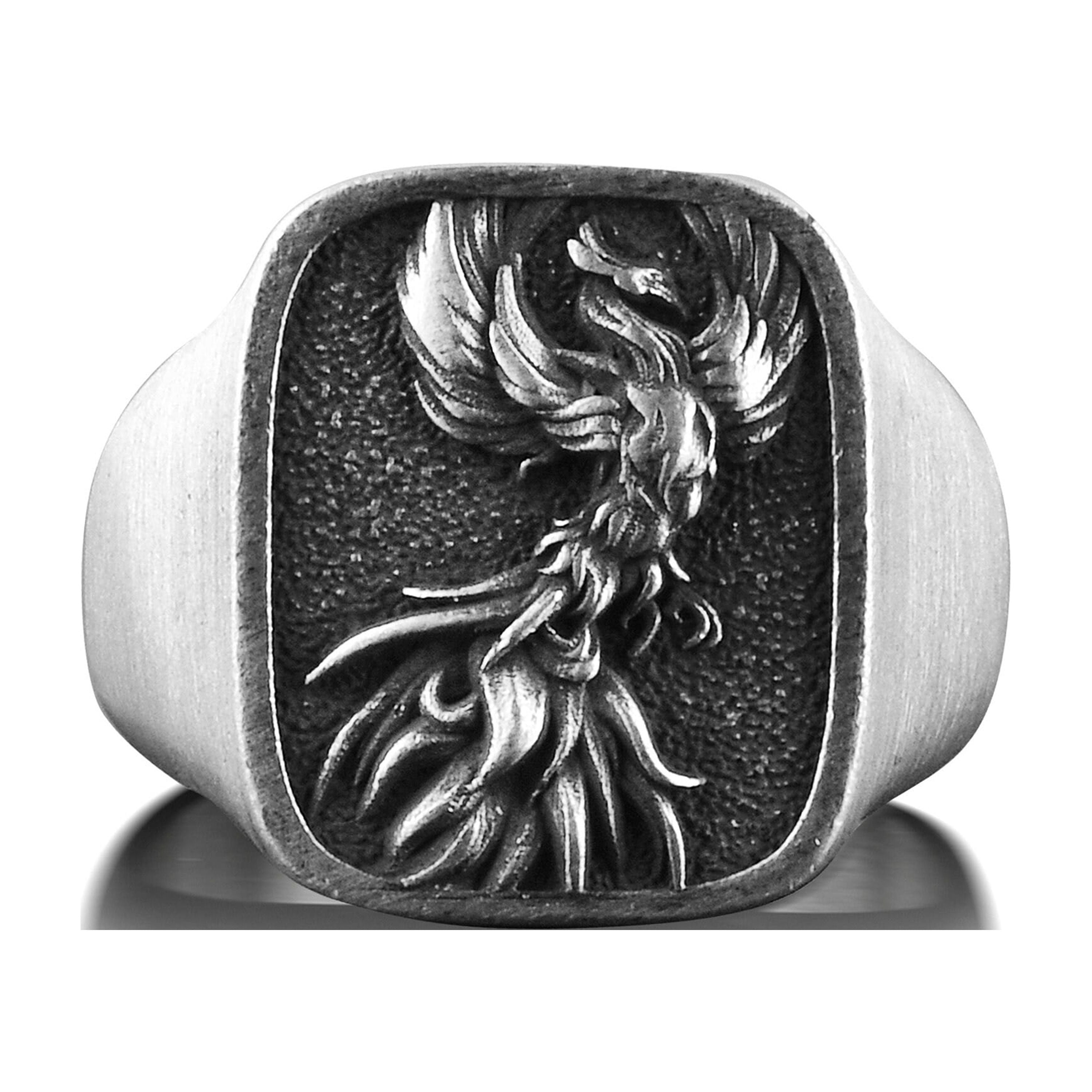 Phoenix Fire Bird Mens Ring in Silver, Square Signet Ring For Men ...