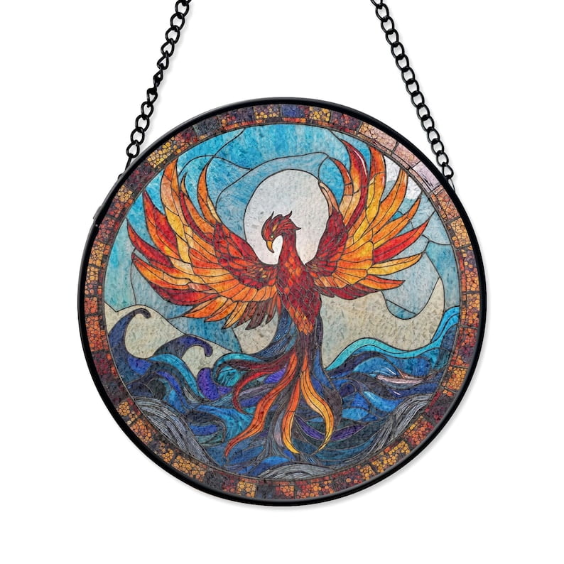 Phoenix Rising Stained Glass Window Hanging with Vibrant Flames and ...
