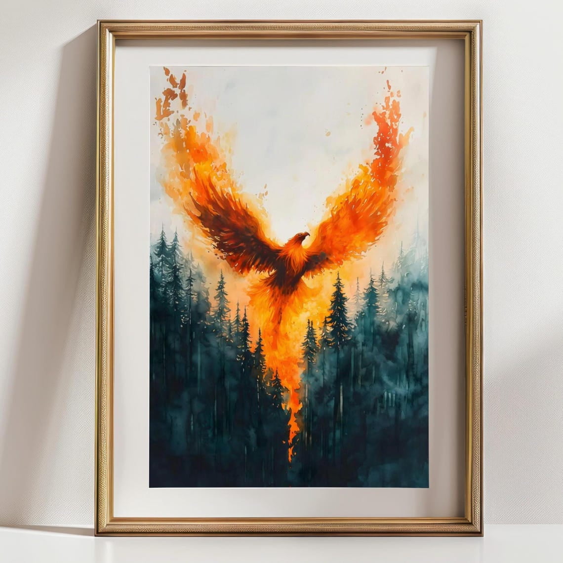 Phoenix Rising Wall Art Print, Fiery Bird In Forest Painting, Mythical ...