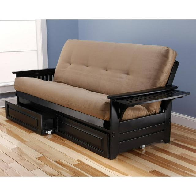 Phoenix Full Size Wood Futon Sofa Bed with Storage in Black Finish ...
