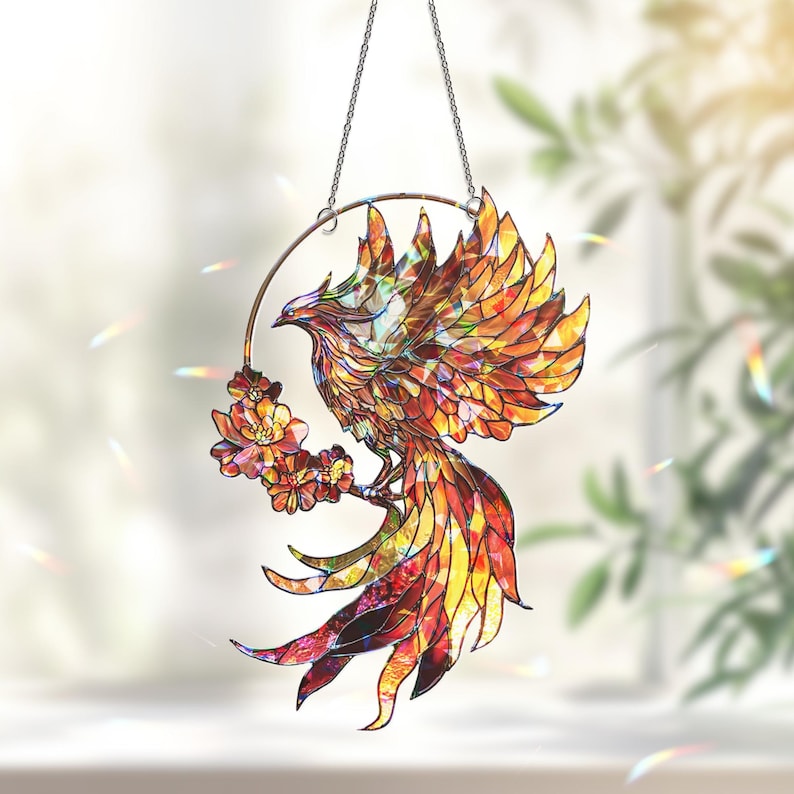 Phoenix Suncatcher | Fiery Bird Window Hanging | Symbol of Rebirth and ...