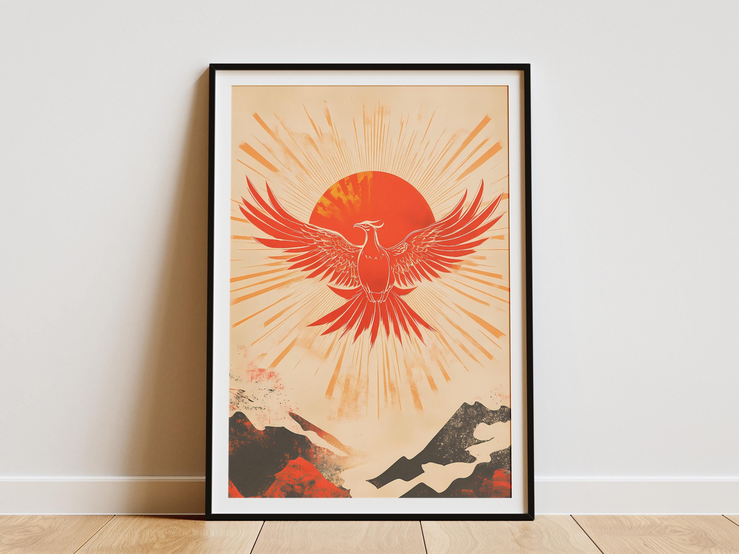 Phoenix Sunrise Poster Mythical Bird Art Print Orange Red Aesthetic ...