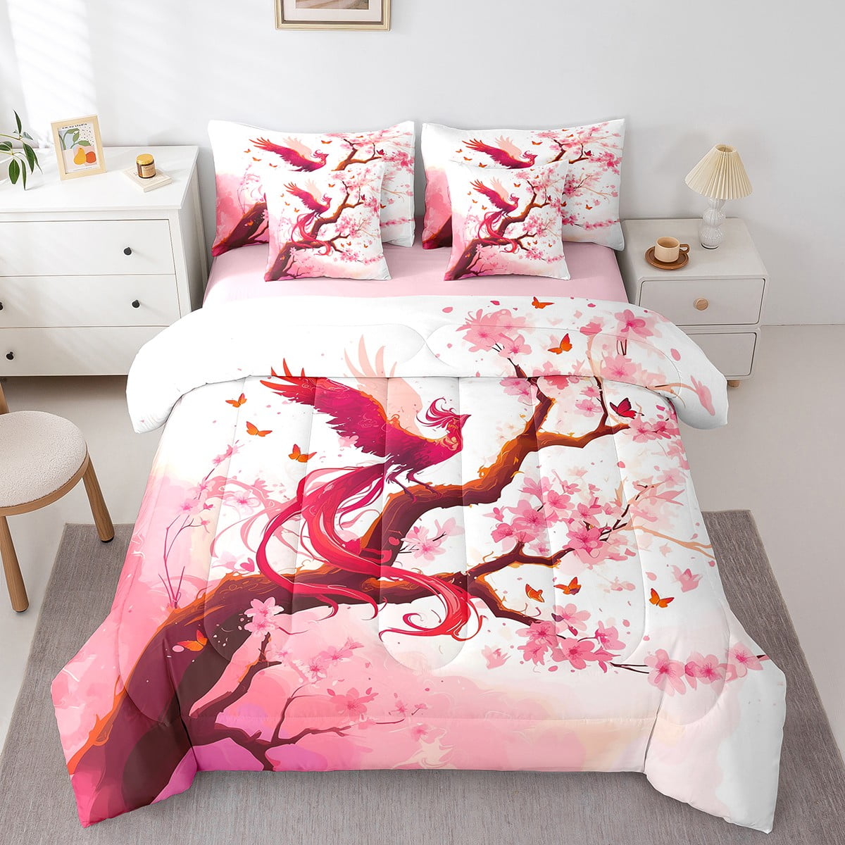 Phoenix Twin Comforter Set 7 Piece Pink Cherry Blossoms Bed In A Bag ...
