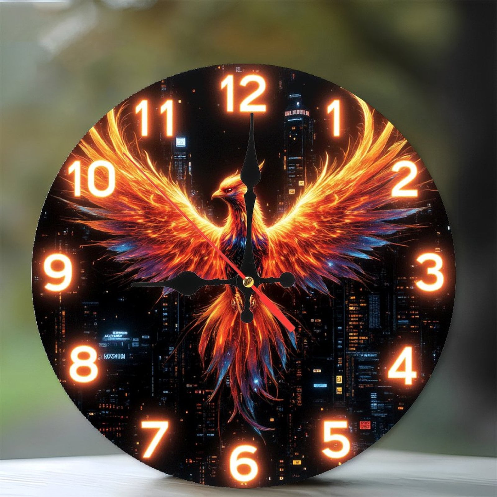 Phoenix Wall Clock Art with LED Light Design 10-Inch Silent Wooden Wall ...