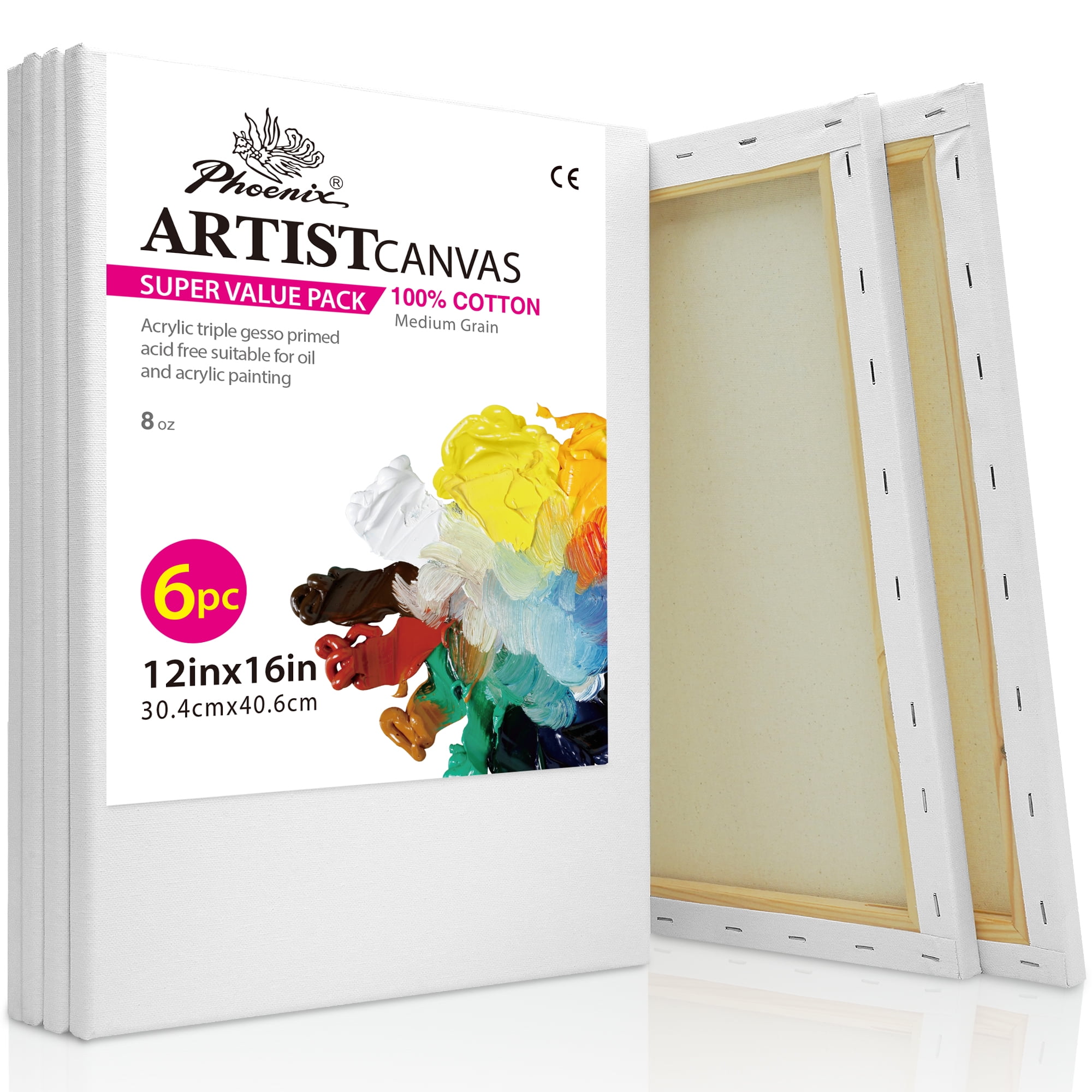 Phoenix White Stretched Canvas 12x16 inch / 6 Pack 100% Cotton Easy ...