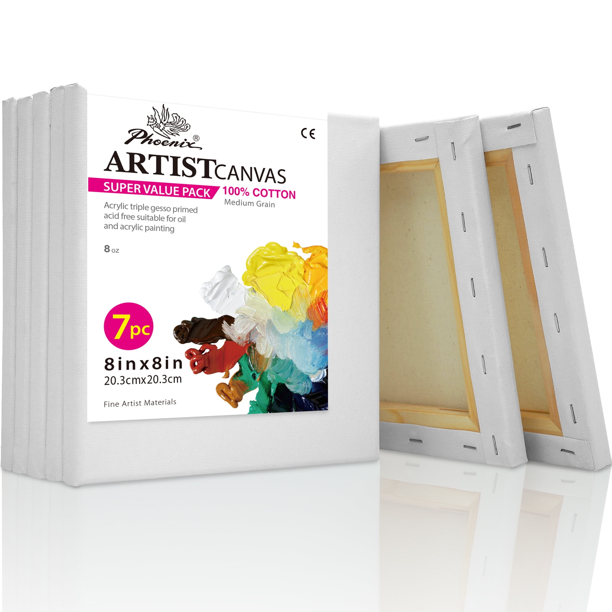 Phoenix White Stretched Canvas 8x8 inch / 7 Pack 100% Cotton Easy ...