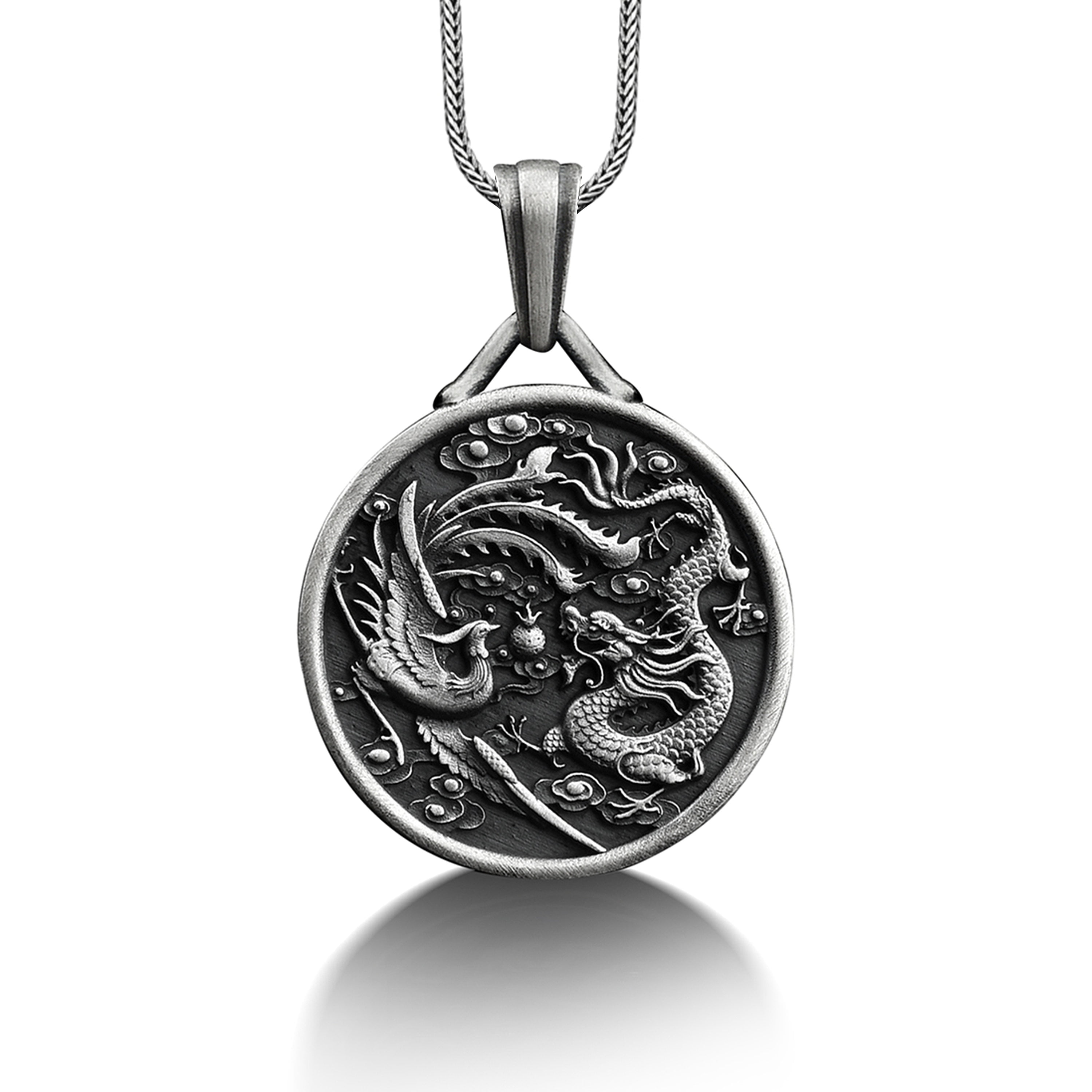 Phoenix and Dragon Engraved Necklace, Sterling Silver Personalized ...