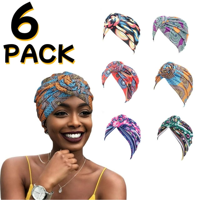 Phogary 6 Pack Women Turbans African Pattern Knot Headwrap Bohemian Print Pre Tied Flower Knot ...