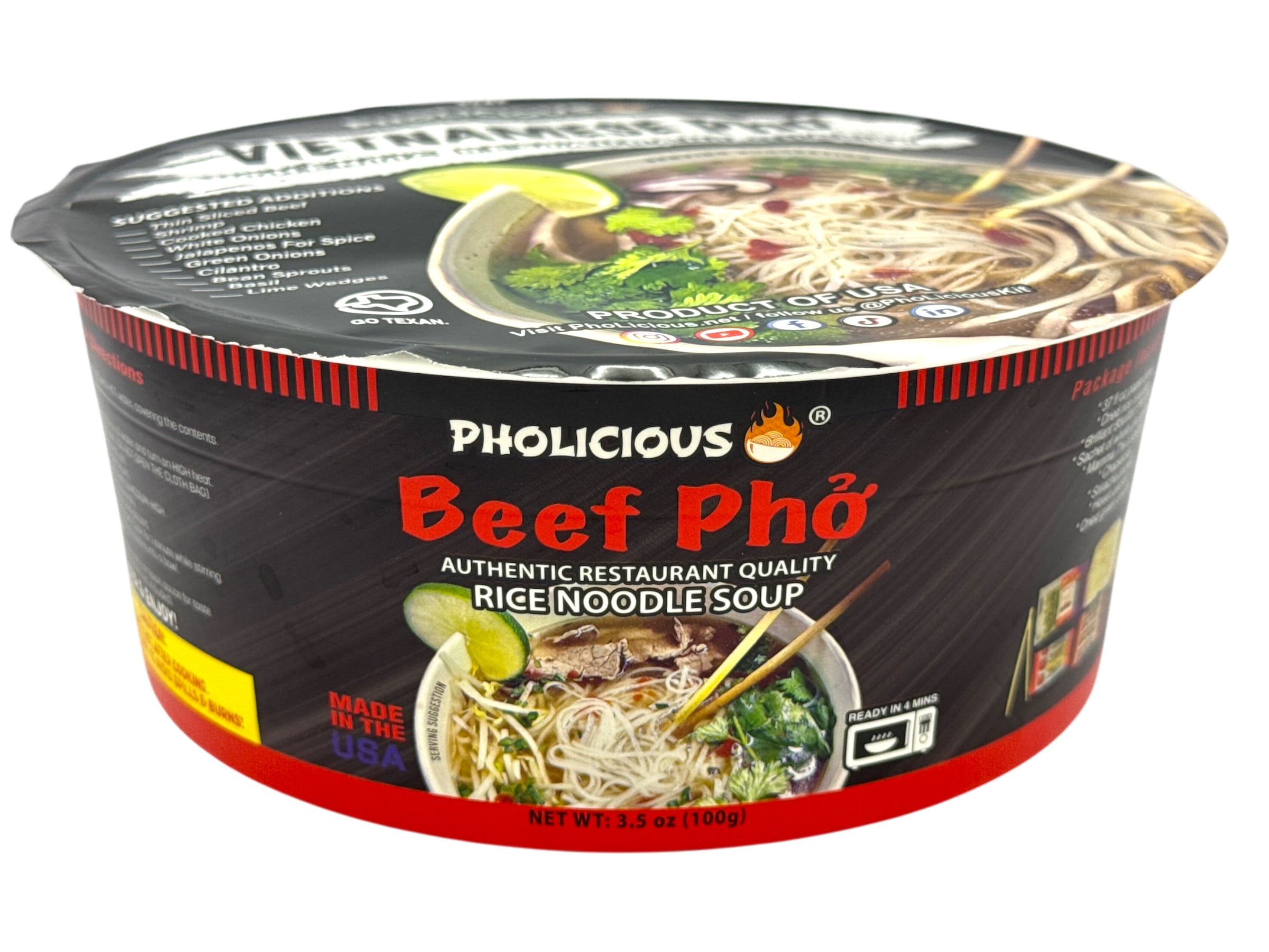Pholicious Instant Beef Pho, Vietnamese Rice Noodle Soup, Single Serve ...