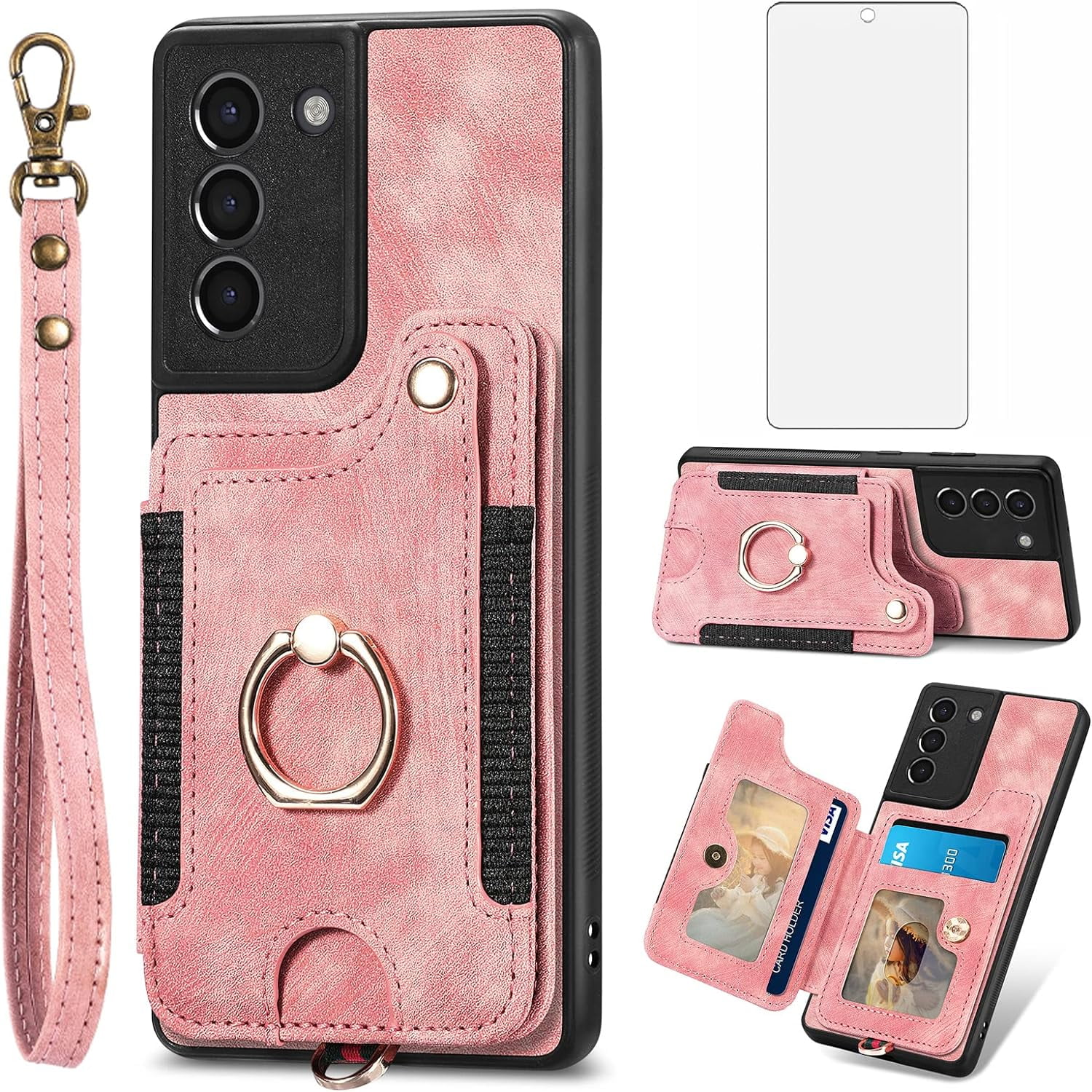 Phone Case for Samsung Galaxy S21 FE 5G Wallet Cover with Screen Protector and Wrist Strap ...