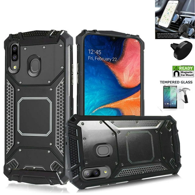 Phone Case for Samsung Galaxy A20, A30 Heavy Duty Metal Cover Metal Black +Car Mount +Tempered ...