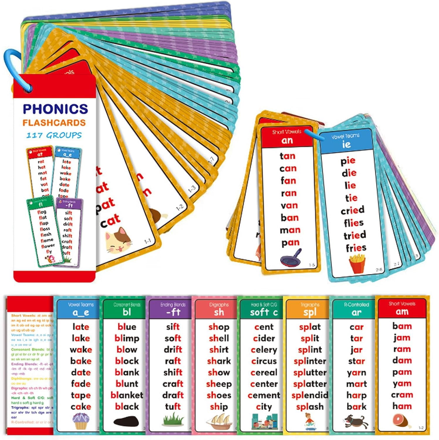 Phonics Word Cards 117 Sound Groups 900+ Rhyming Words Preschool ...