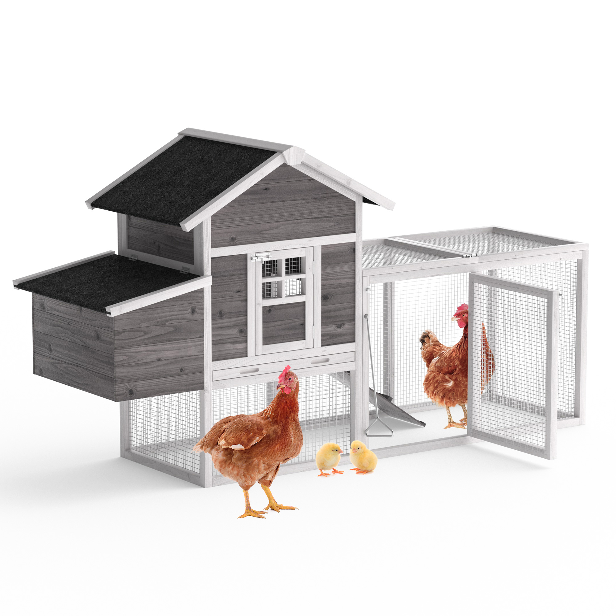 Phonjoroo Chicken Coop for 2-4 Chickens Outdoor Grey Wooden Hen House ...
