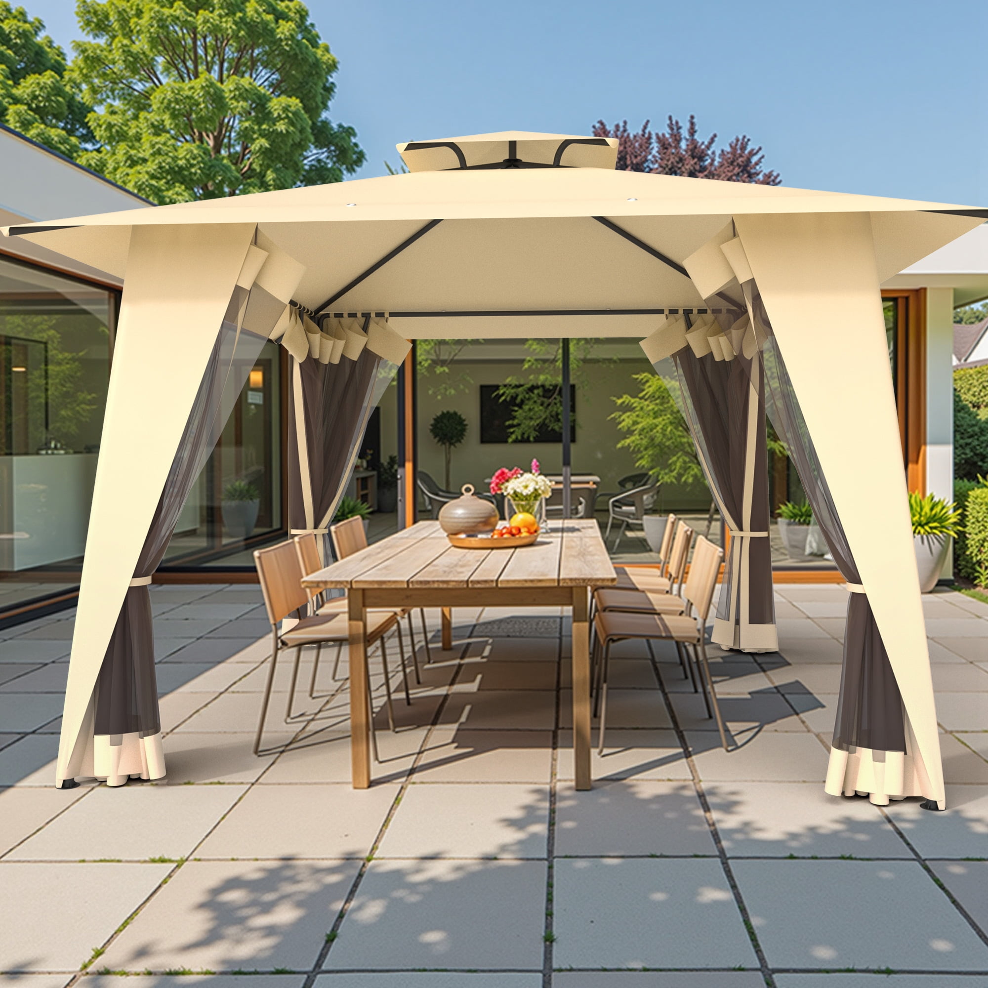 Phonjoroo Metal Patio Gazebo Outdoor 2-Tier Canopy Party Tent with Mesh ...