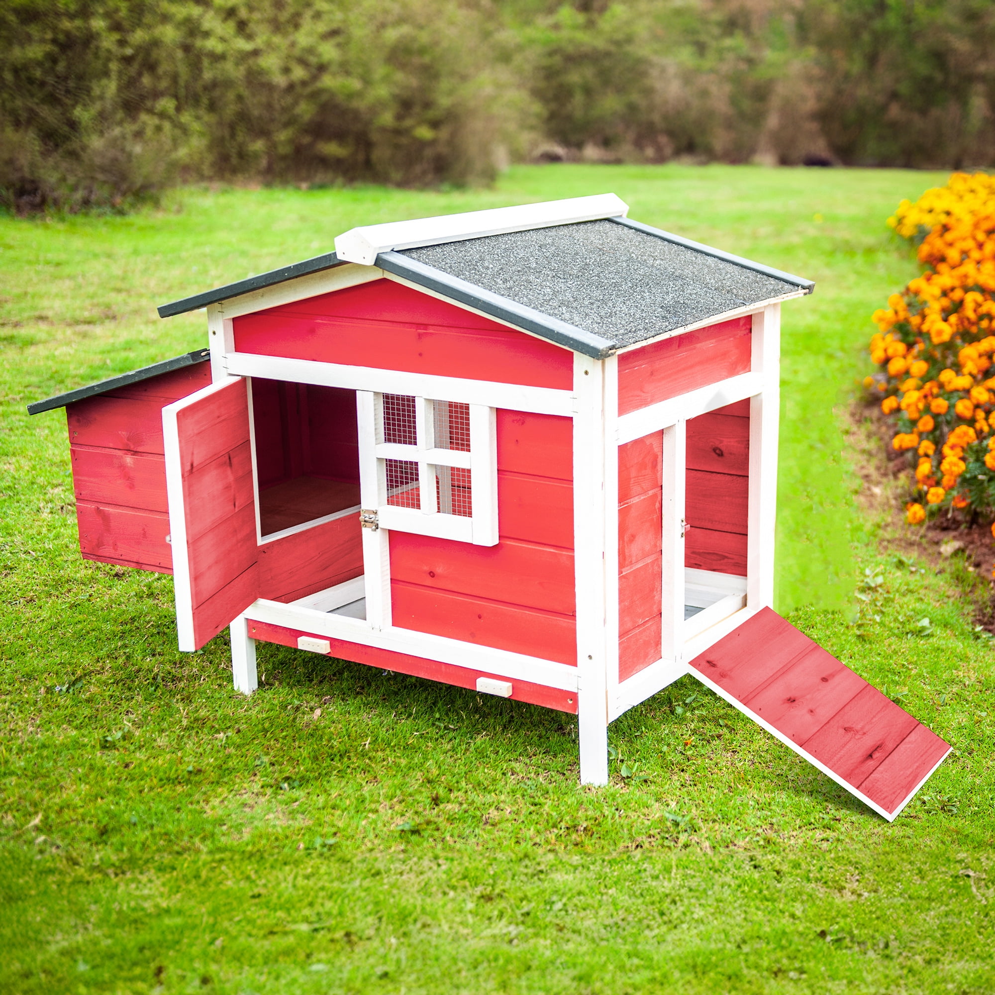 Phonjoroo Outdoor Wooden Chicken Coop Hen House Poultry Cage Red with ...