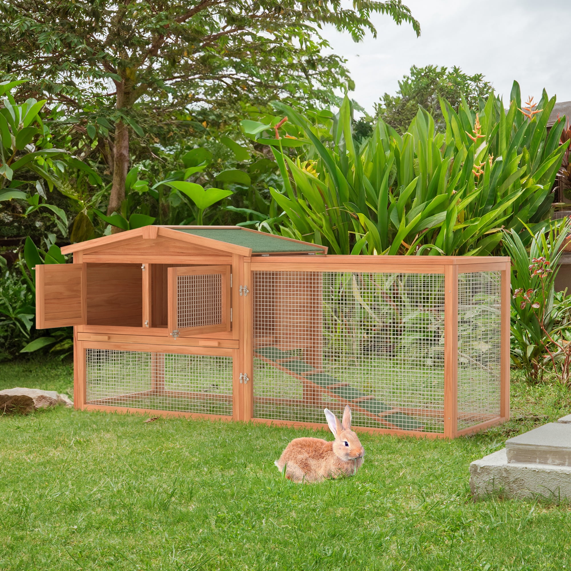 Phonjoroo Rabbit Hutch Chicken Coop for 2 Chickens Outdoor Wooden Pet ...