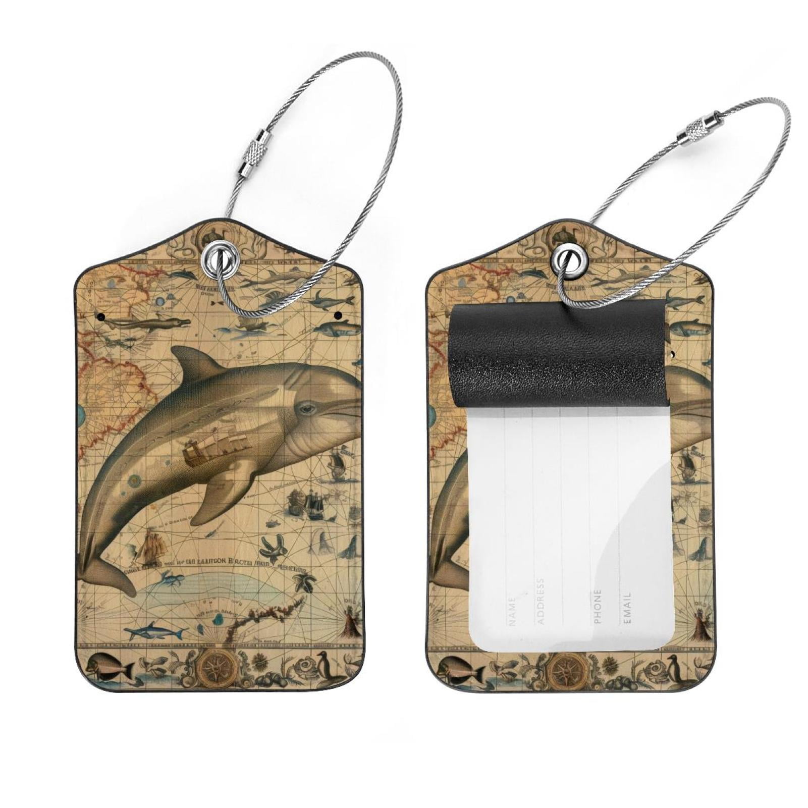 PhooArto 2 Pcs Dolphin Vintage Map Luggage Tag for Suitcases, Leather ...