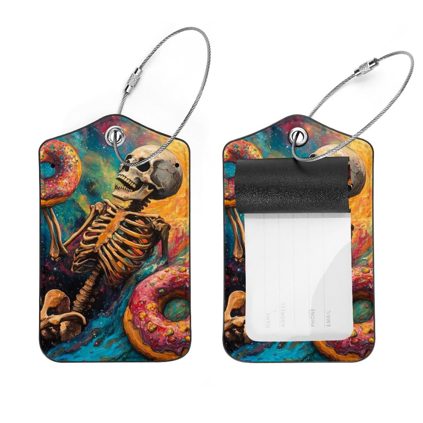 PhooArto 2 Pcs Luggage Tags, Skeleton and Donuts in Galaxy Privacy Cover ID Label with Stainless ...